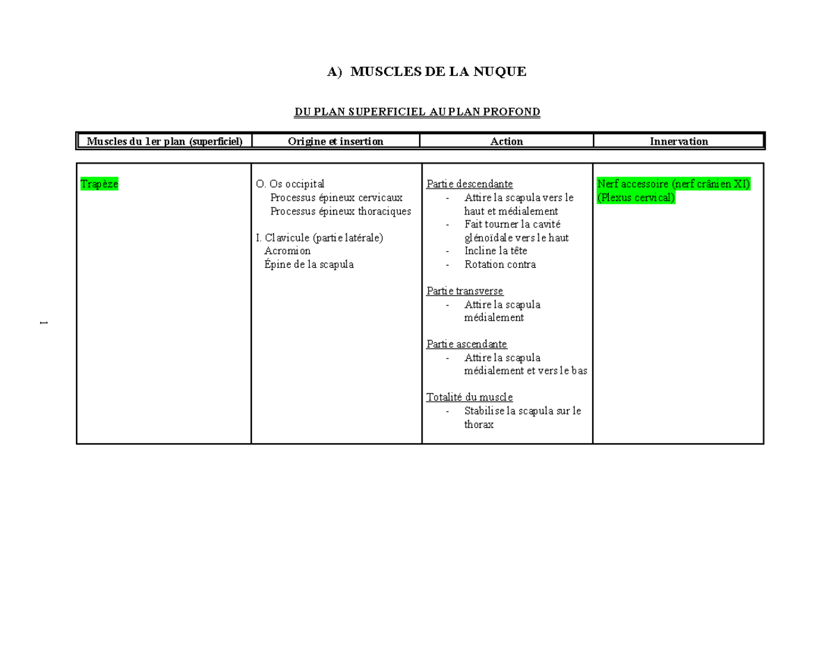 Tableau des muscles tête et cou - 1 A) MUSCLES DE LA NUQUE DU PLAN ...