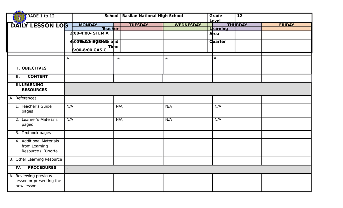 DLL template - MONDAY TUESDAY WEDNESDAY THURDAY FRIDAY 2:00-4:00- STEM ...