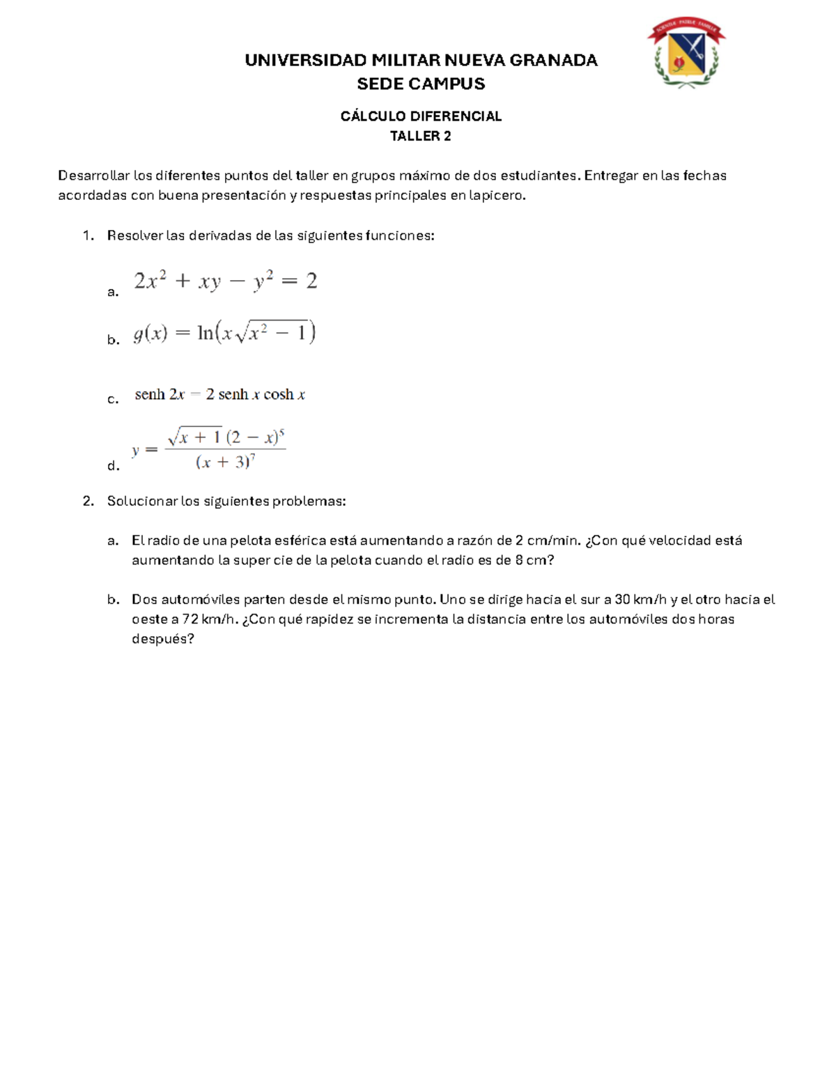 Taller 2 - sadada - UNIVERSIDAD MILITAR NUEVA GRANADA SEDE CAMPUS ...
