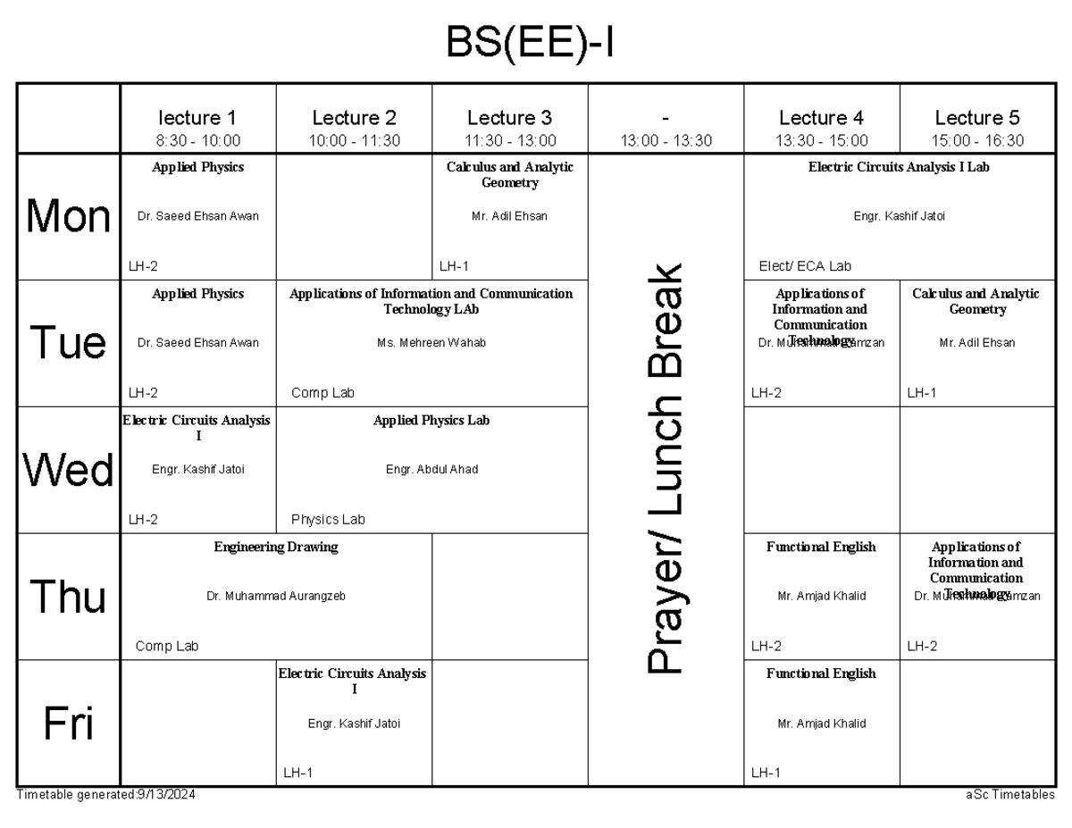 E & CE Timetable w.e.f september 16, 2024 - Calculus and Analytic ...