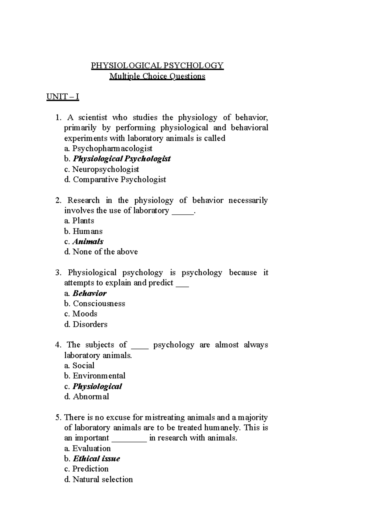 Physio questions - PHYSIOLOGICAL PSYCHOLOGY Multiple Choice Questions ...