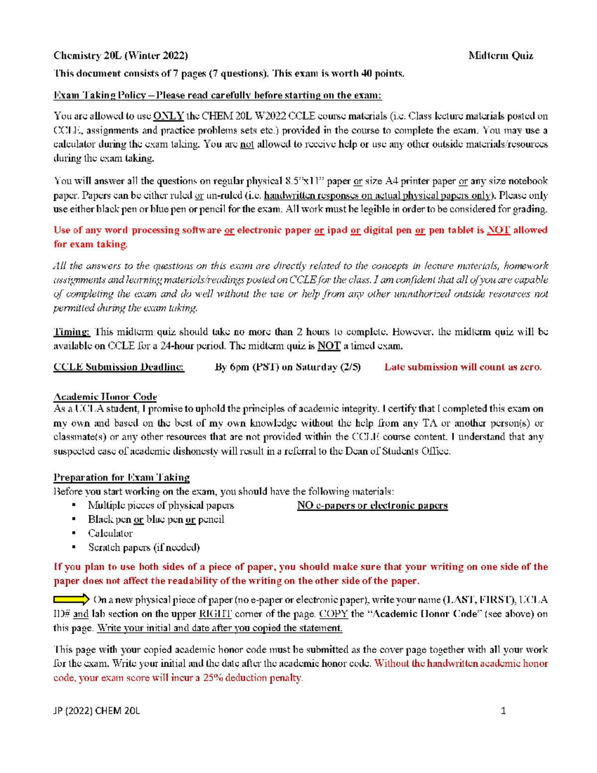 Chemistry 20 Lab - Professor Pang- Midterm - Chem 14BL - Studocu
