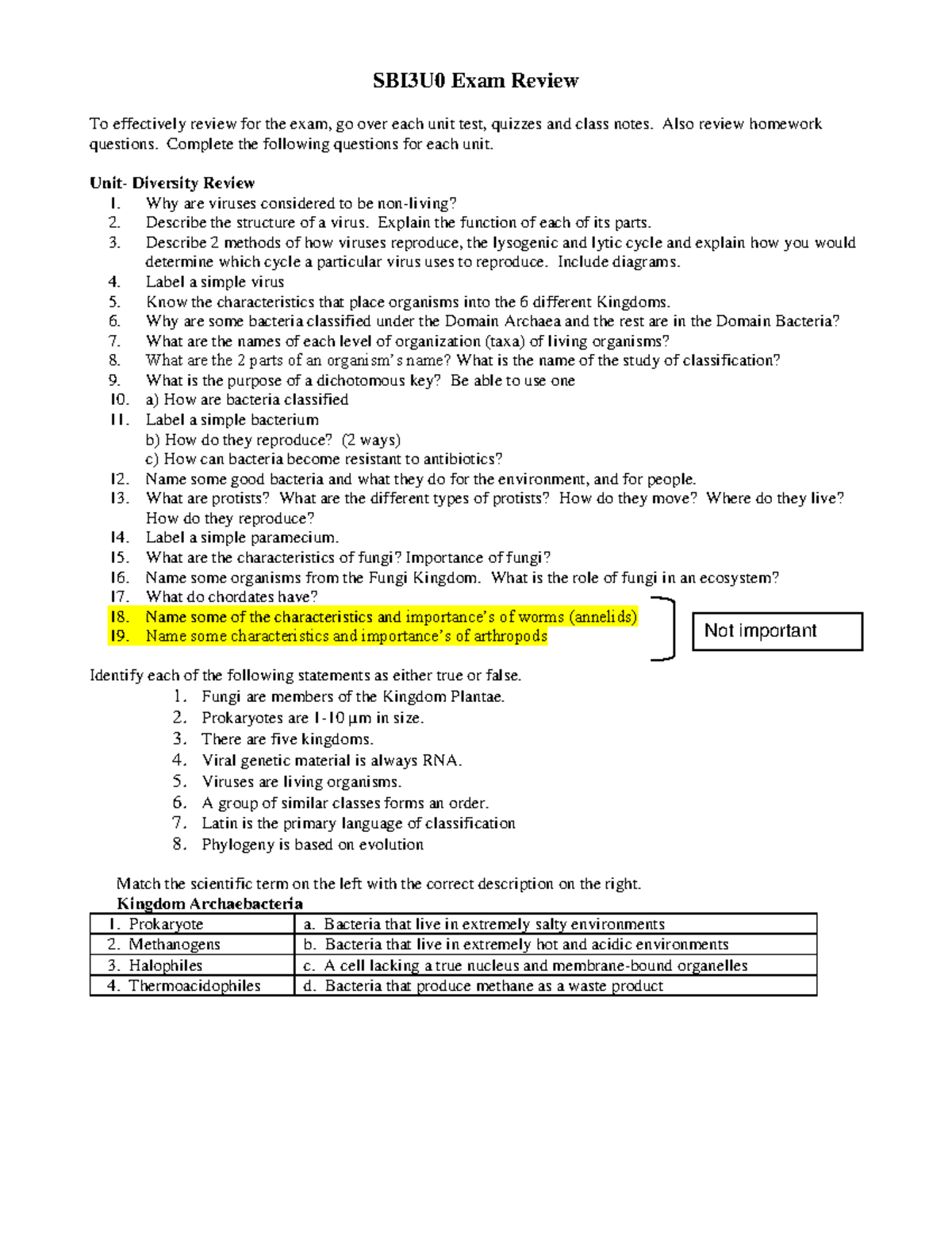 3U Bio Exam review - SBI3U0 Exam Review To effectively review for the ...