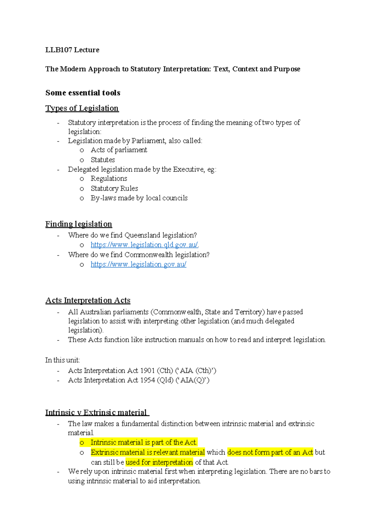 LLB 107 Lecture 5 - LLB107 Lecture The Modern Approach to Statutory Interpretation: Text ...