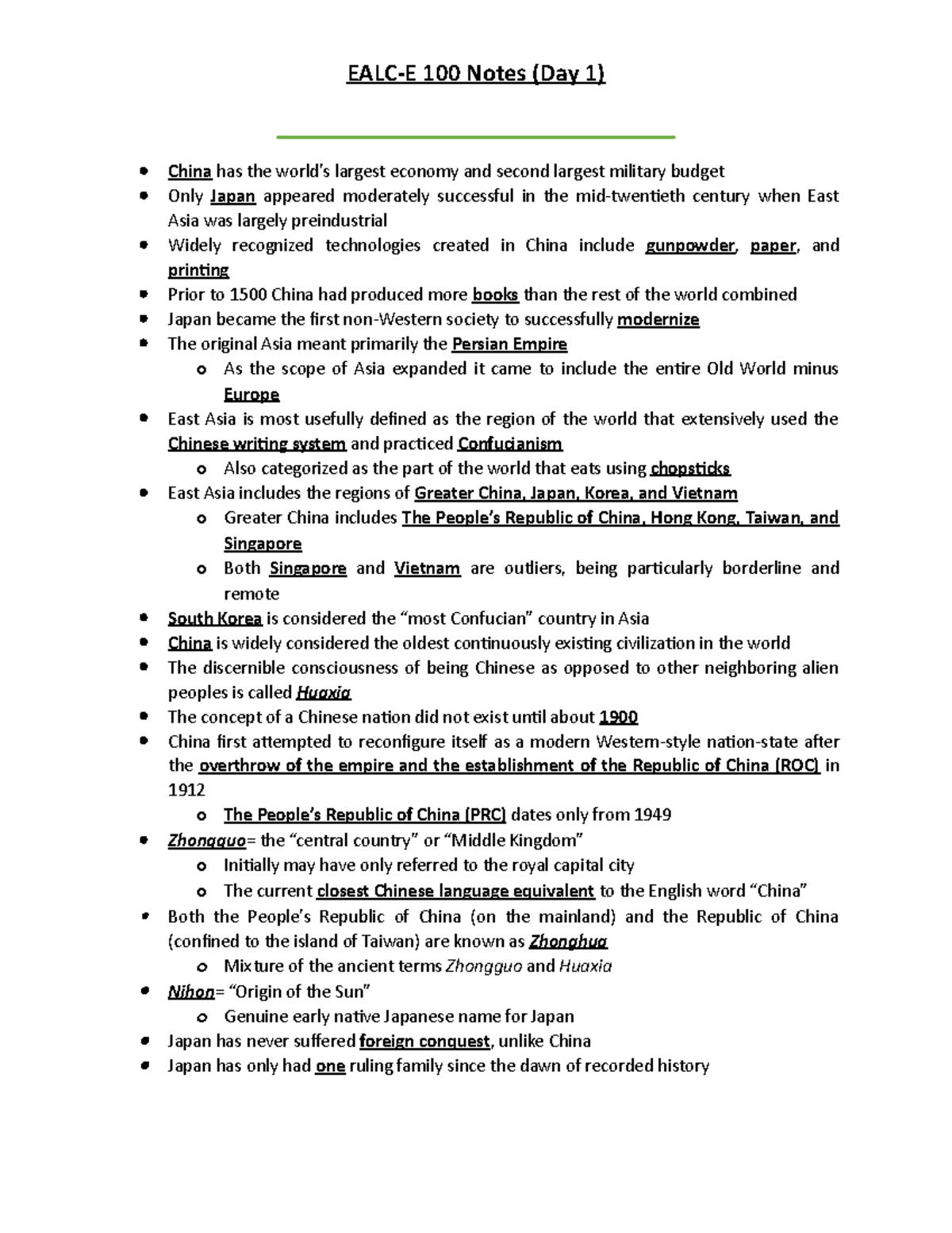 EALC-E 100 Notes (Day 1- Homework) - China has the world’s largest ...