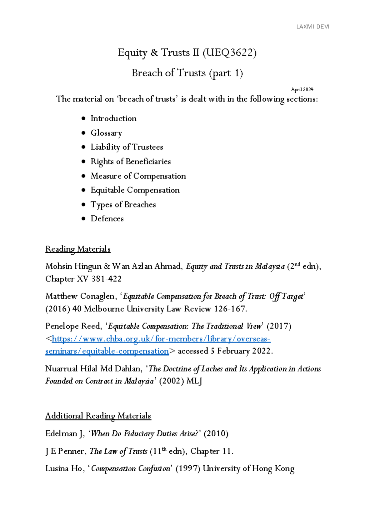 BoT Prt 1 Handout - Equity & Trusts II (UEQ36 2 2) Breach of Trusts ...