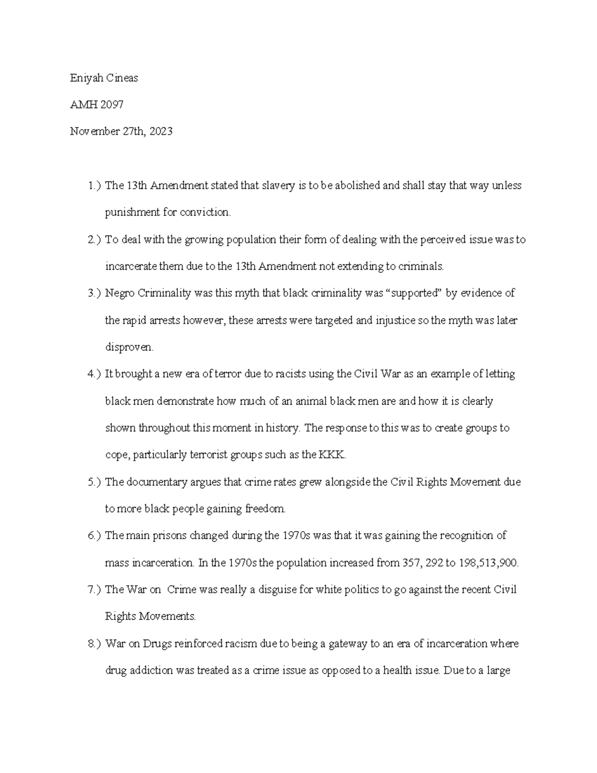 13th - Film Answers - Eniyah Cineas AMH 2097 November 27th, 2023 1 ...