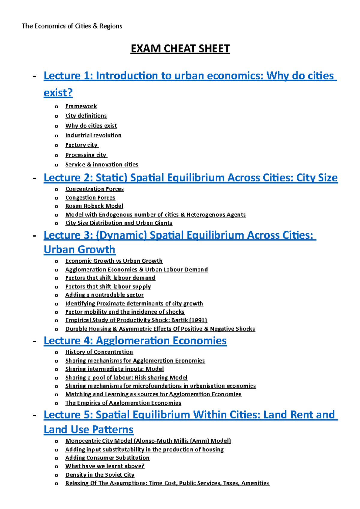 Economics of Cities and Regions - Full Exam Revision Document - The ...