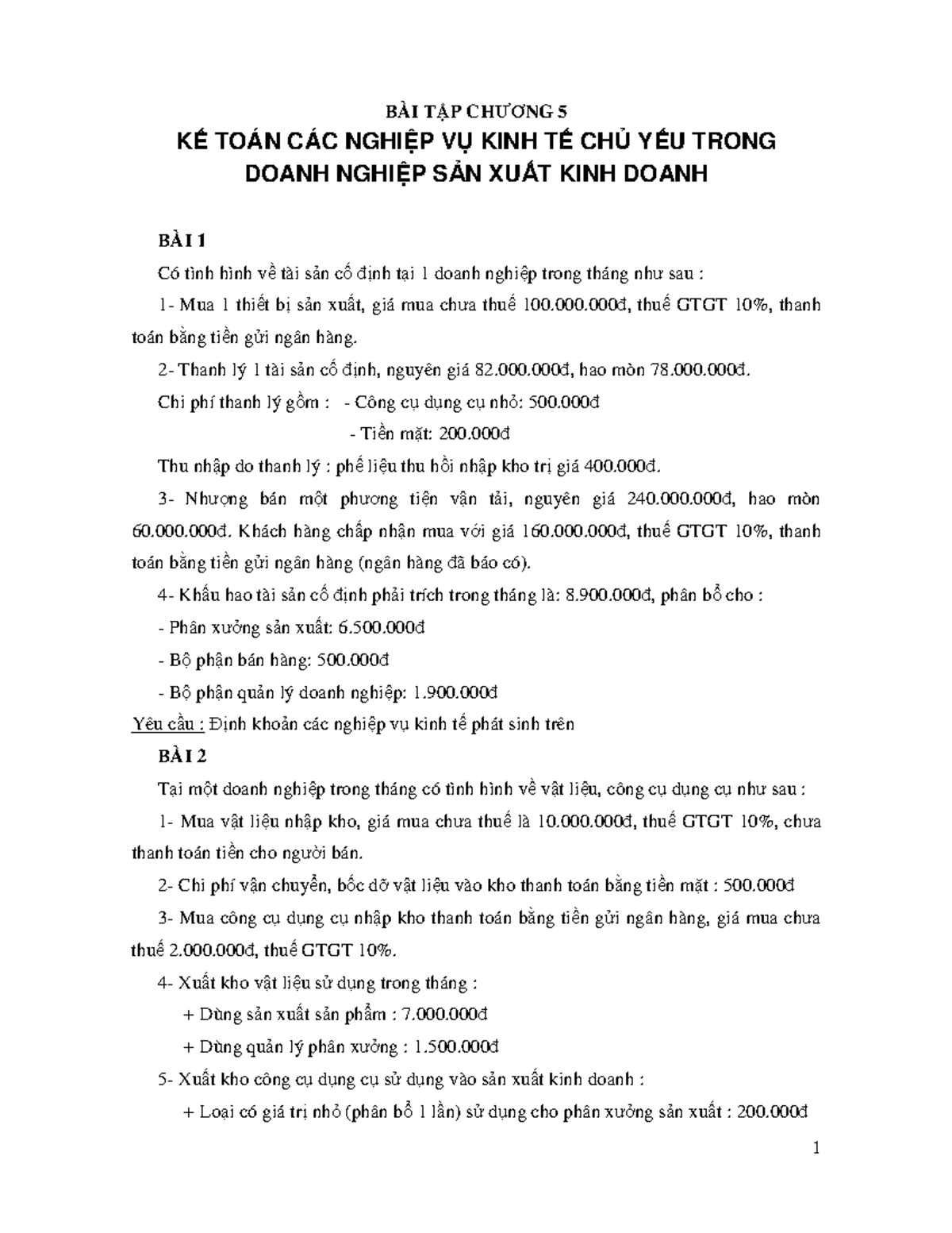C6-BAI TAP Nvktcy - Bài tập chương 1 - BÀI T P CH NG 5 K TOÁN CÁC NGHI P V KINH T CH Y U - Studocu