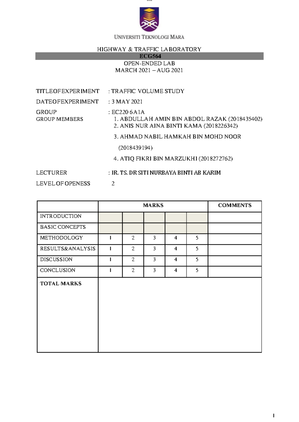 Traffic Volume Study Gp3 ecg564 - HIGHWAY & TRAFFIC LABORATORY ECG OPEN ...