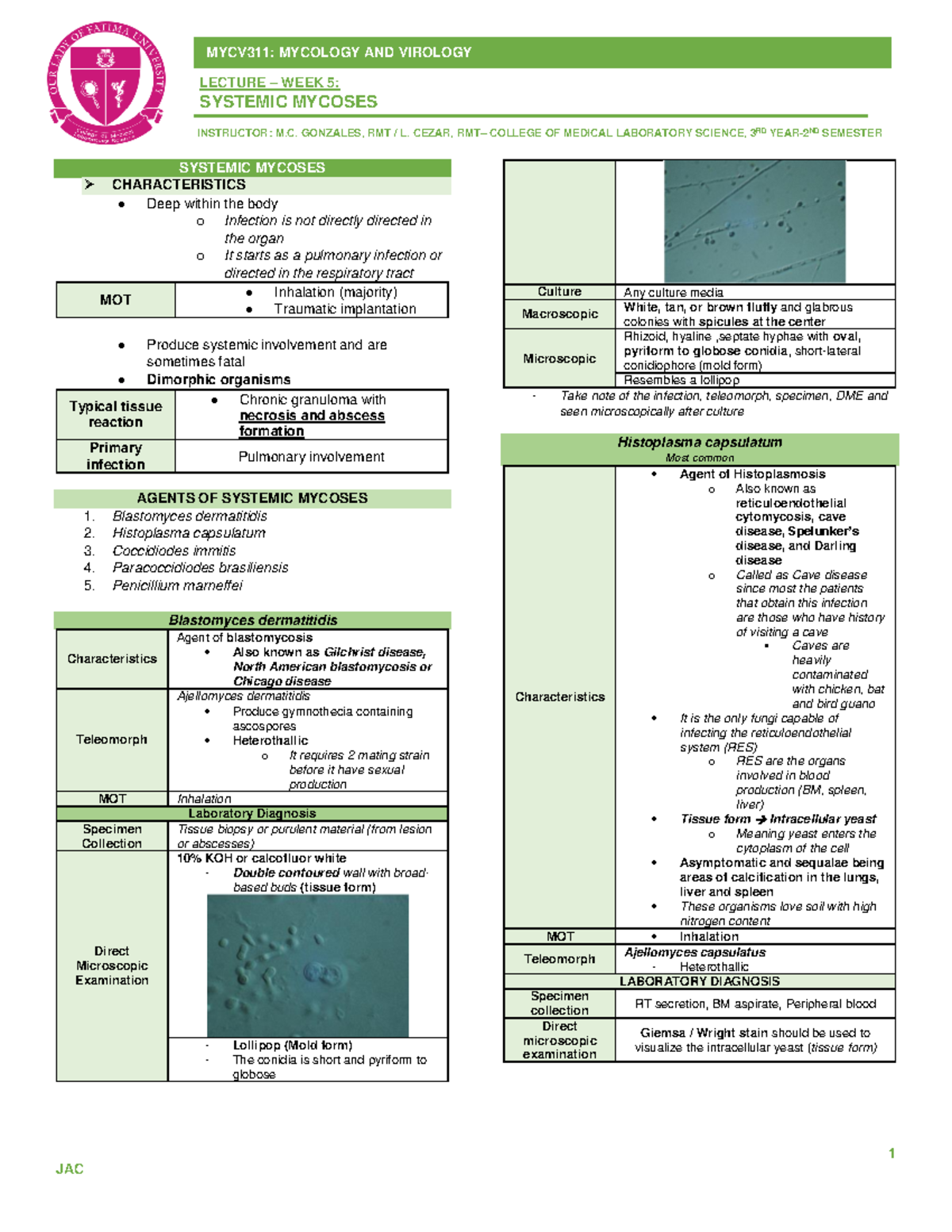 MYCV WEEK 5 Systemic - 1 JAC MYCV311: MYCOLOGY AND VIROLOGY LECTURE – WEEK 5: SYSTEMIC MYCOSES ...