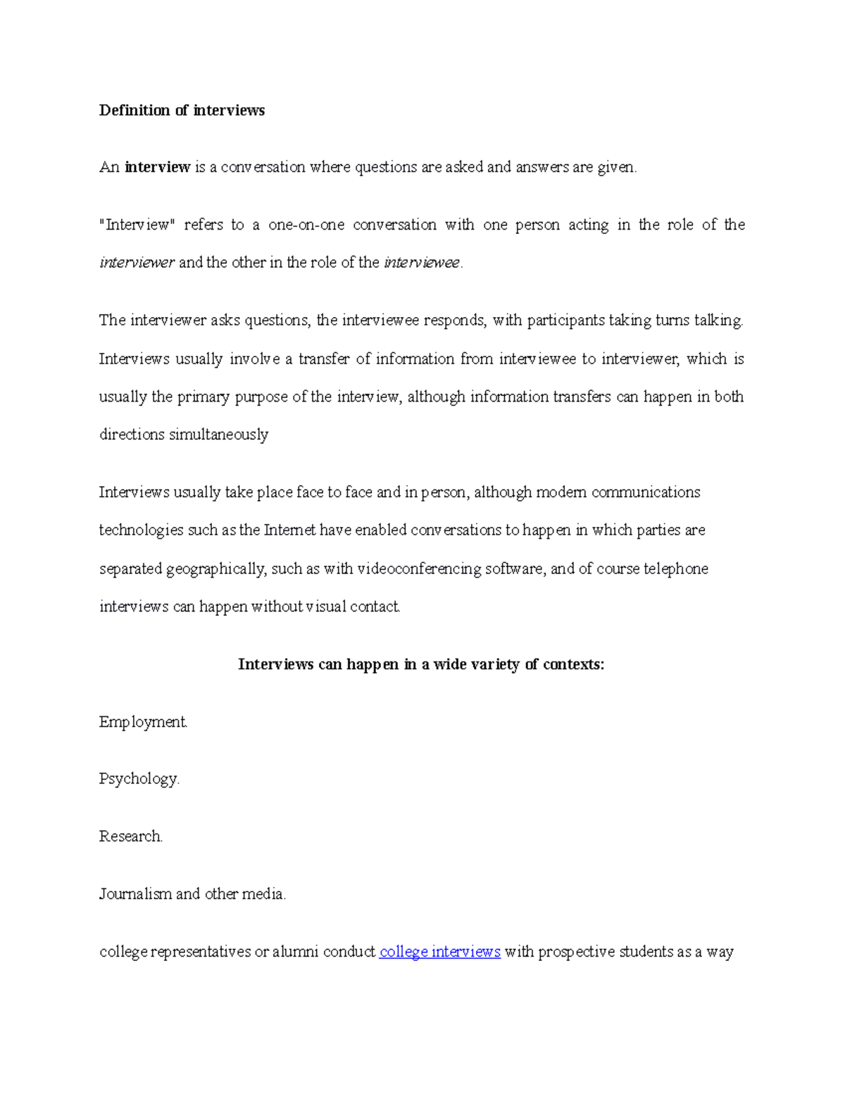 Interviews NOTE - notes - Definition of interviews An interview is a ...