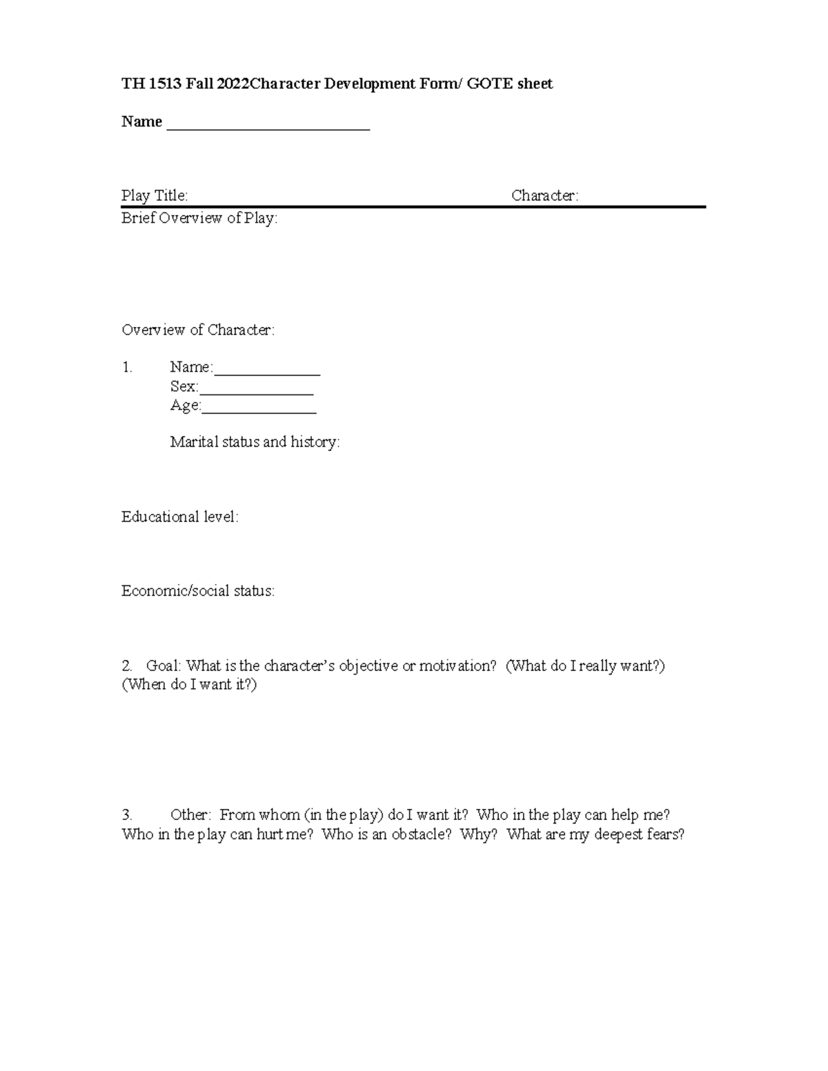 TH 1513 Fall 2022 Character Development Form - You may answer ...