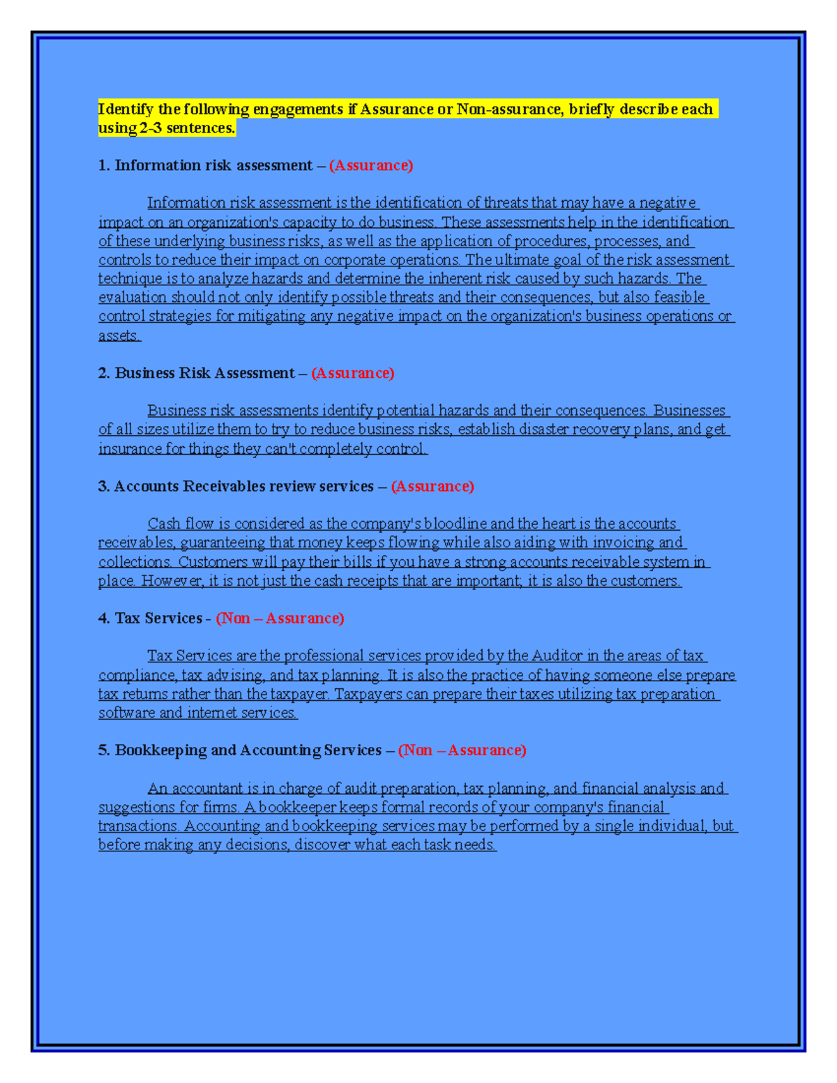 Audit Principles - Sample Activity - Identify the following engagements ...