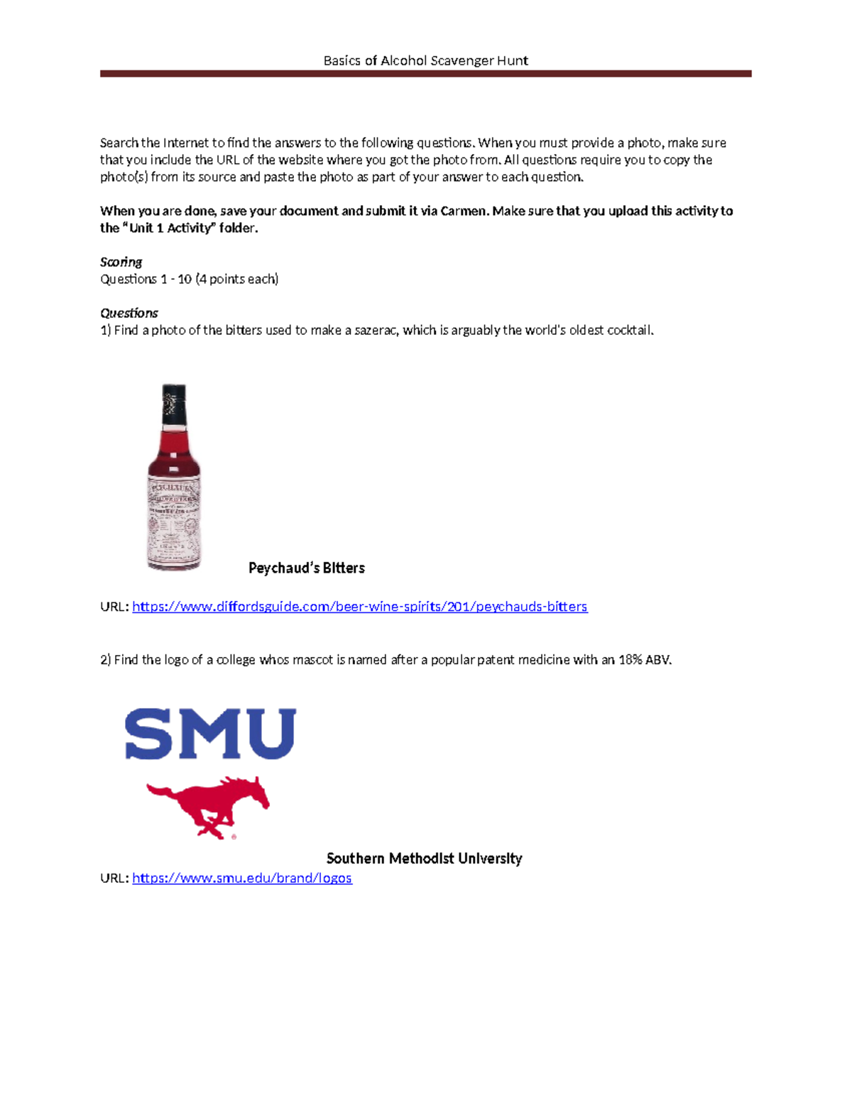 Basics of Alcohol Scavenger Hunt - Search the Internet to find the ...