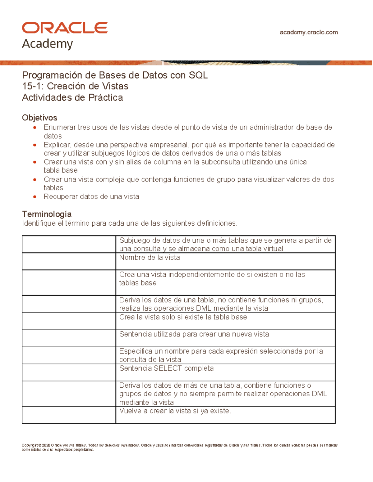 DP 15 1 Practice esp - Teoria - Copyright © 2020 Oracle y/o sus filiales. Todos los derechos ...