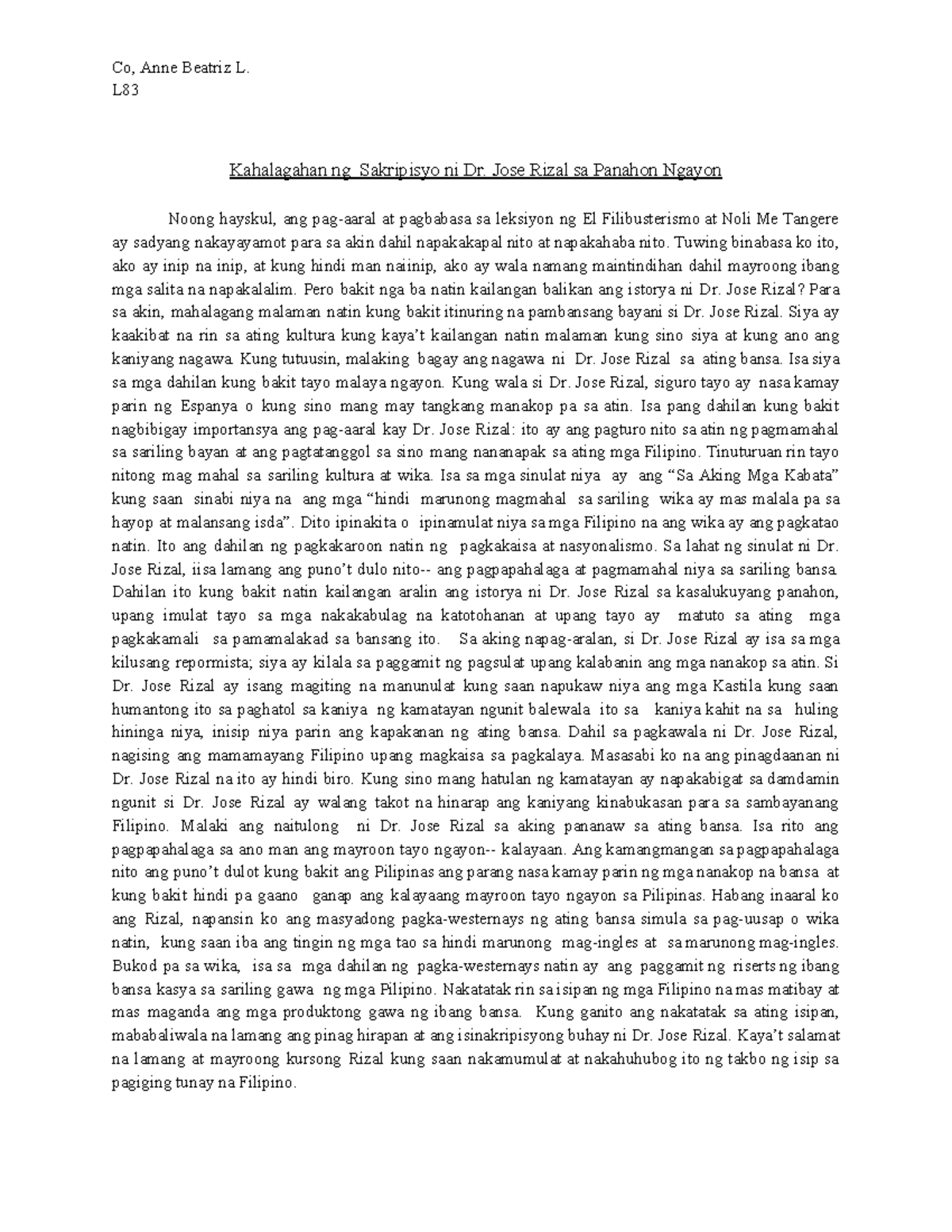G Erizal Essay - Life and Works of Rizal - Co, Anne Beatriz L. L ...
