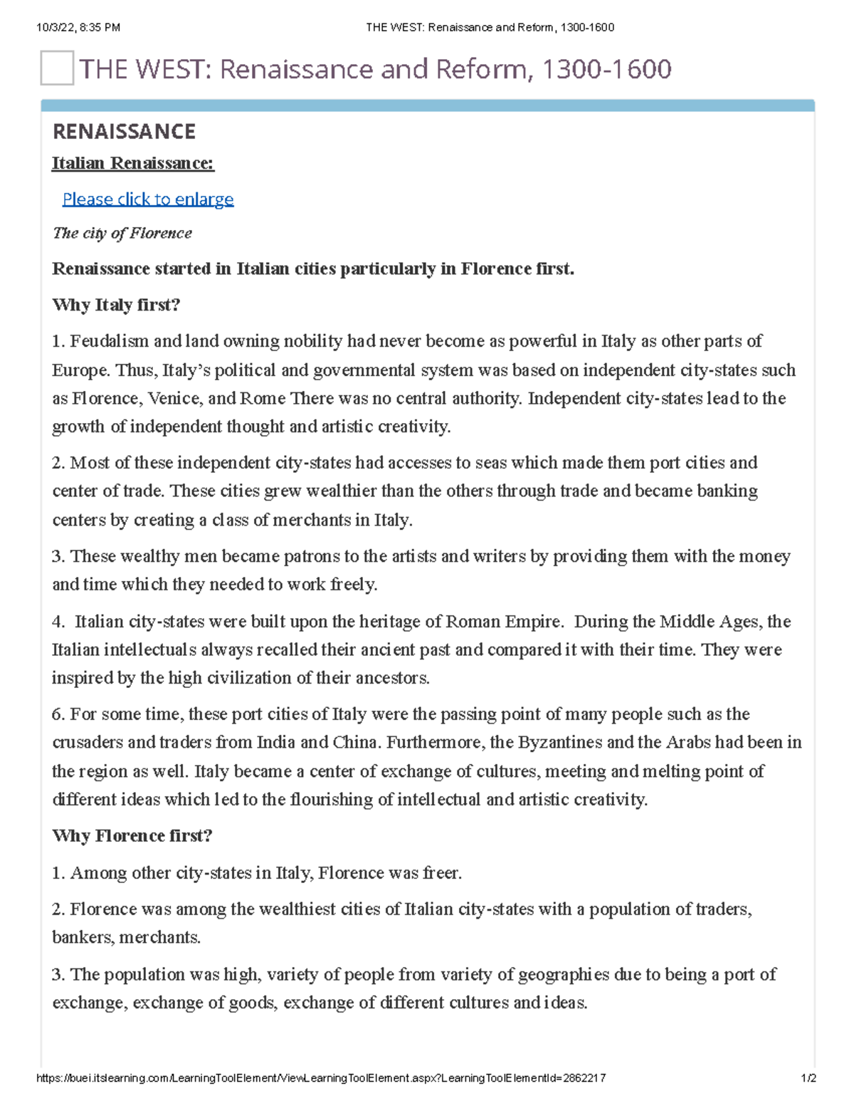 THE WEST Renaissance and Reform, 1300-1600 - 10/3/22, 8:35 PM THE WEST ...