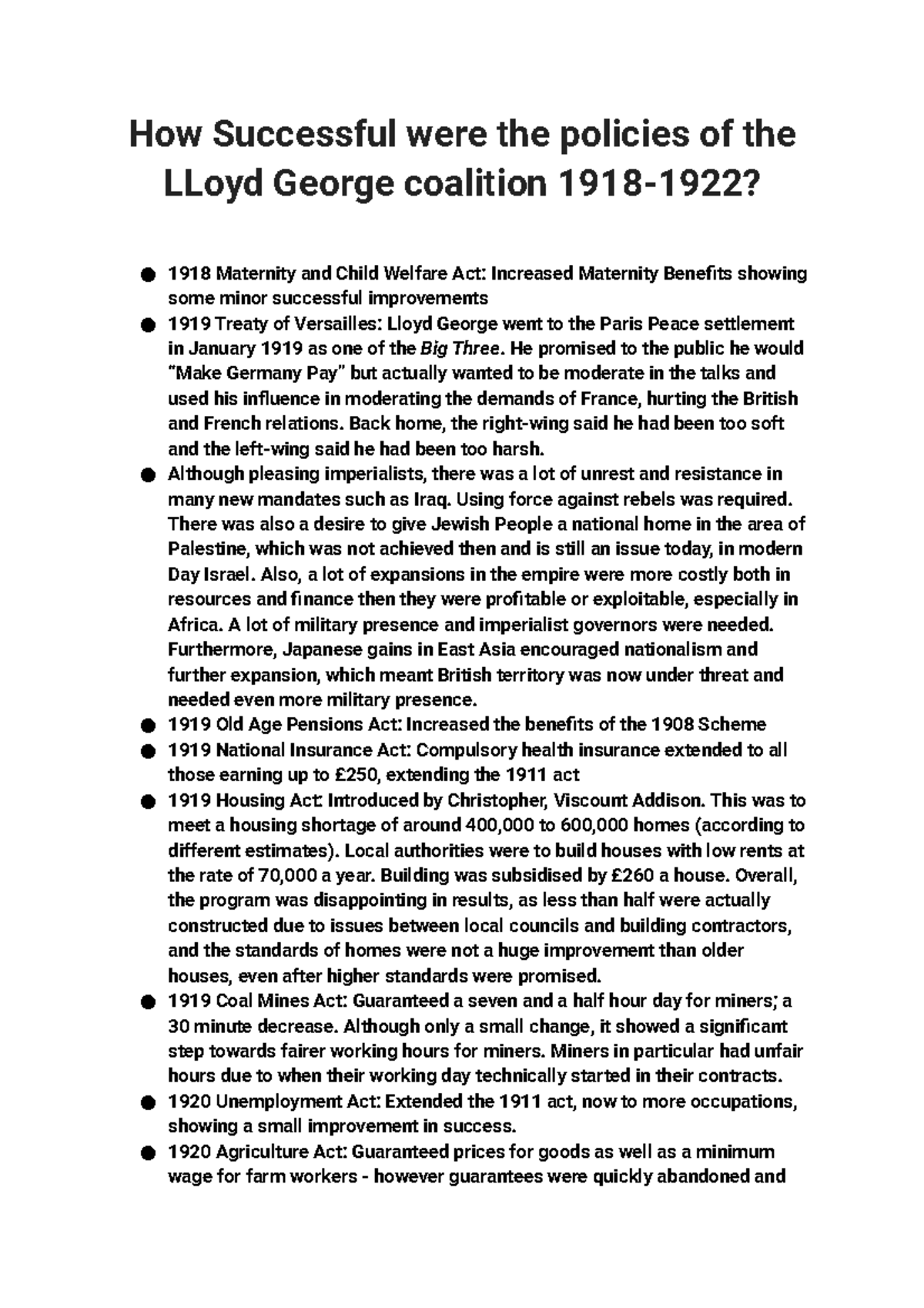 Notes Lloyd George's Policies - How Successful were the policies of the ...