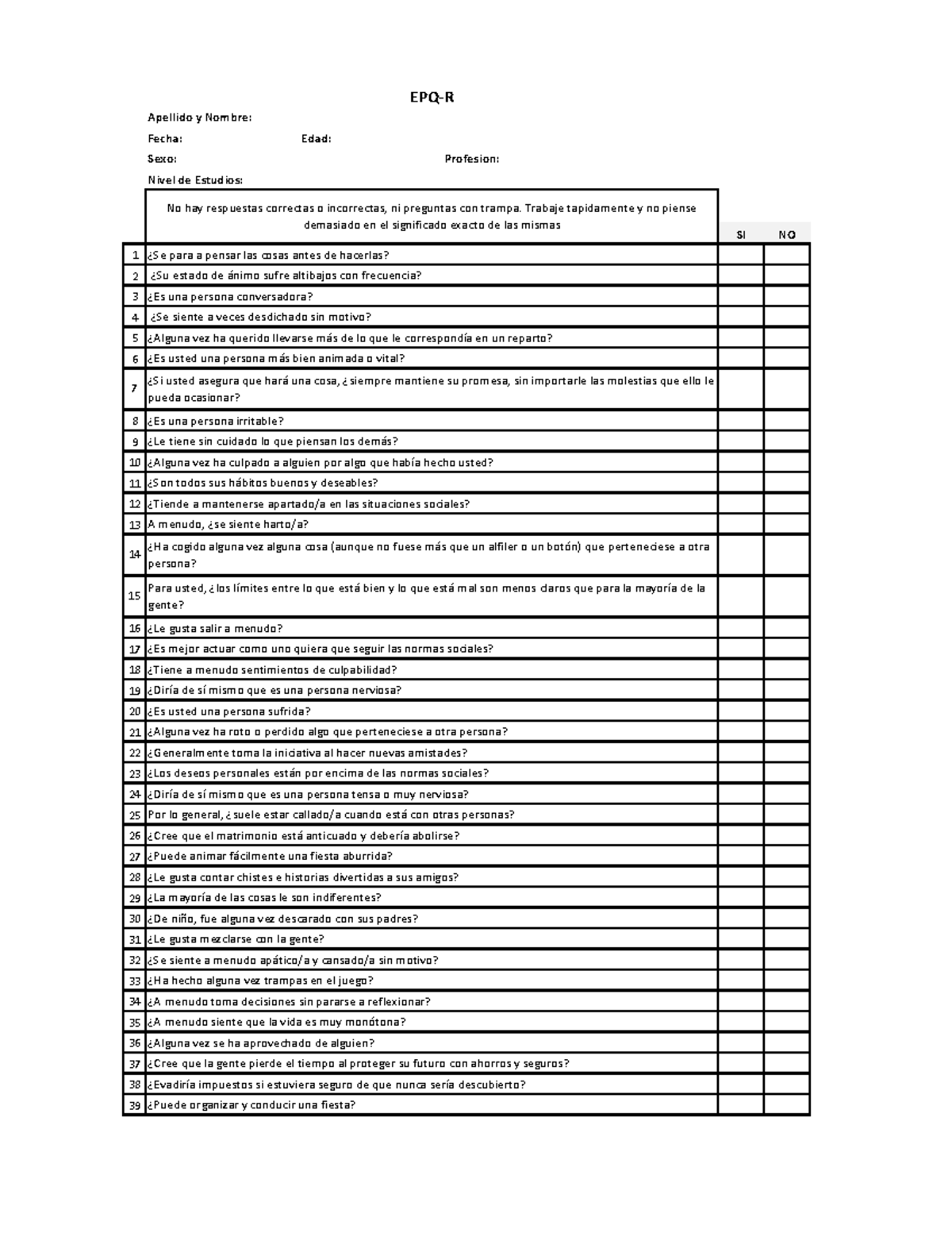 Protocolo DE EPQ.R - EPQ-R Apellido y Nombre: Fecha: Edad: Sexo ...