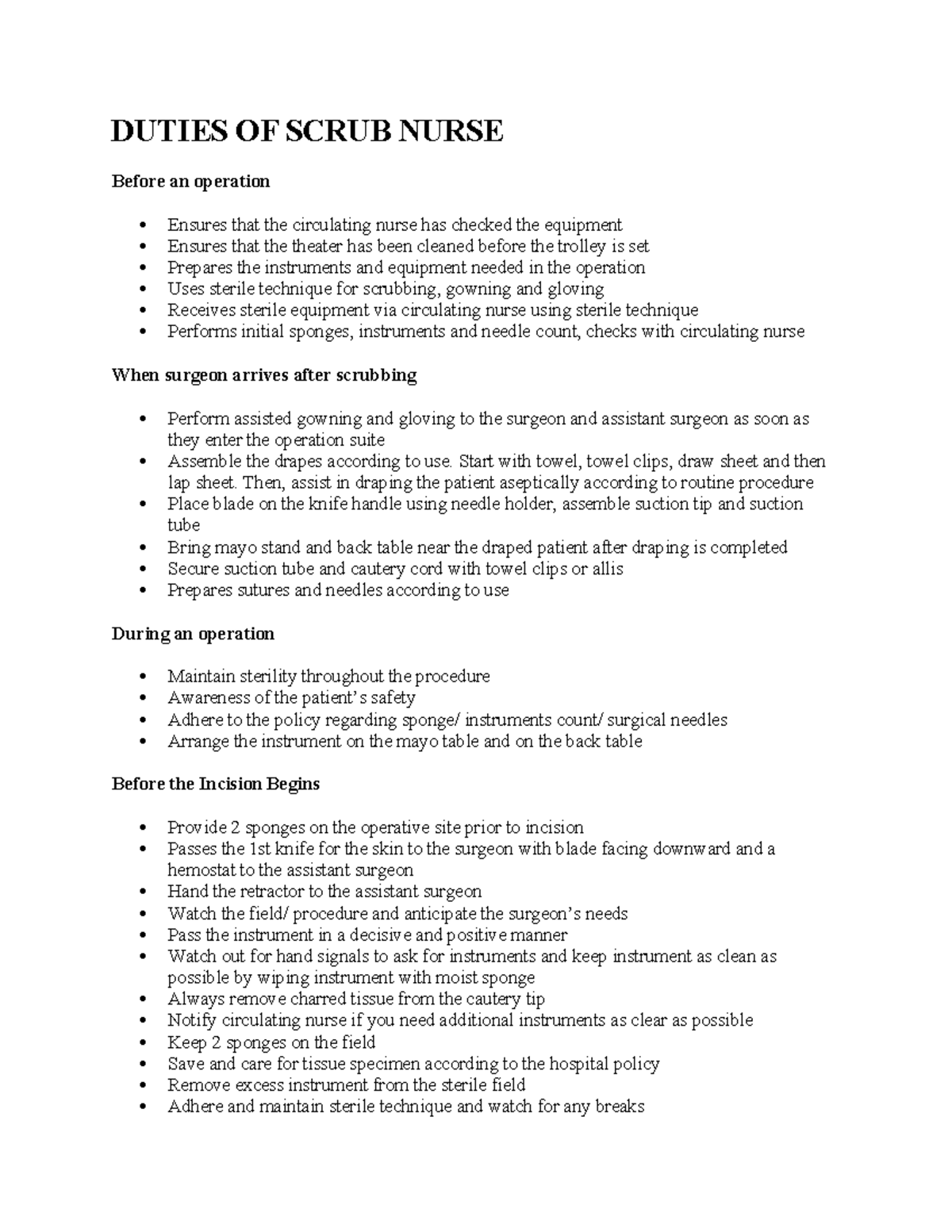 OR principles - notes - DUTIES OF SCRUB NURSE Before an operation ...