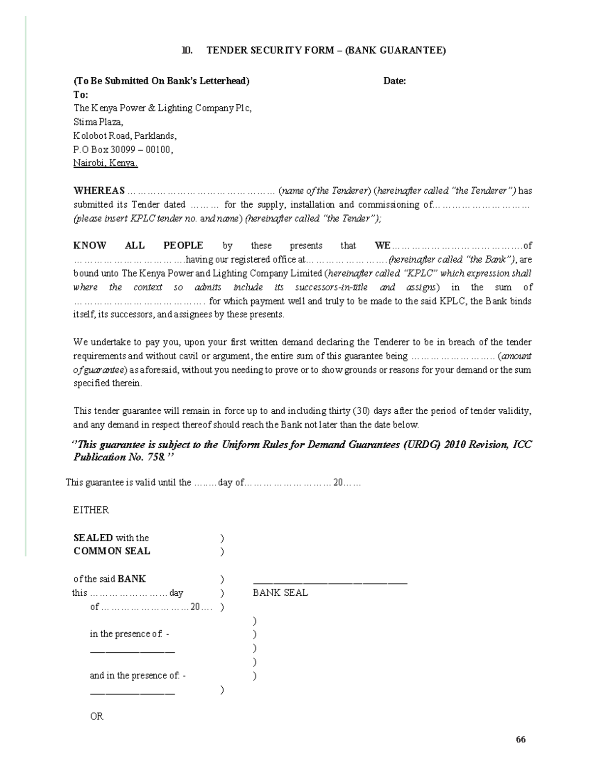 Tender security - FOR PUBLIC PROCUREMNT - 66 10. TENDER SECURITY FORM ...