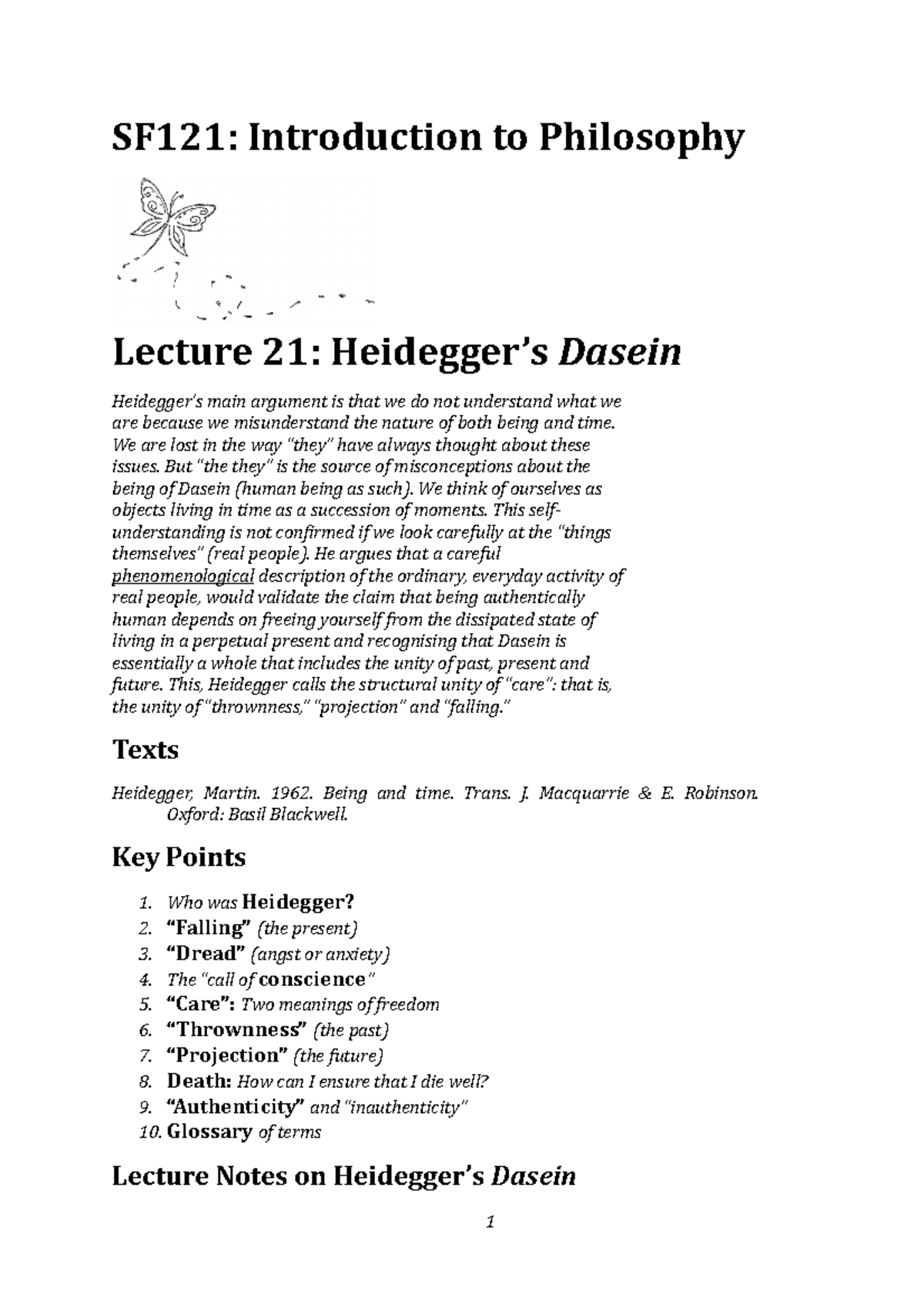 SFV102 Lecture 8 Notes Heidegger - SF121: Introduction to Philosophy ...