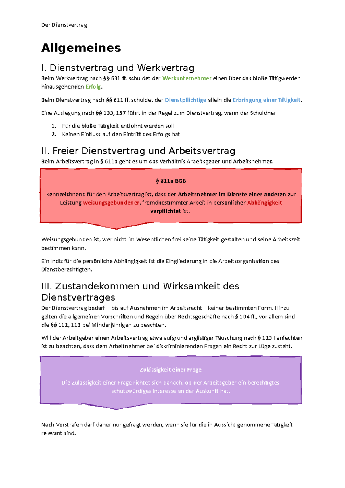 Dienstvertrag - Allgemeines I. Dienstvertrag und Werkvertrag Beim ...