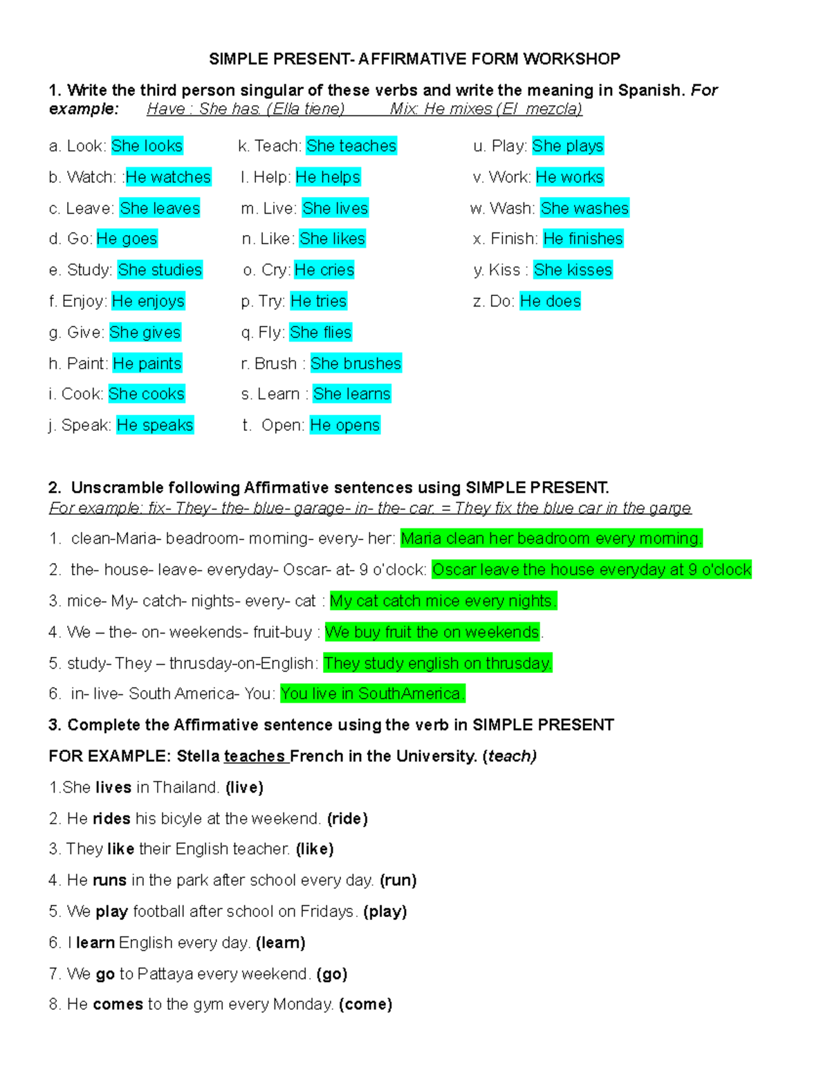 Simple Present Affirmative Sentences Workshop - SIMPLE PRESENT- AFFIRMATIVE FORM WORKSHOP 1 ...