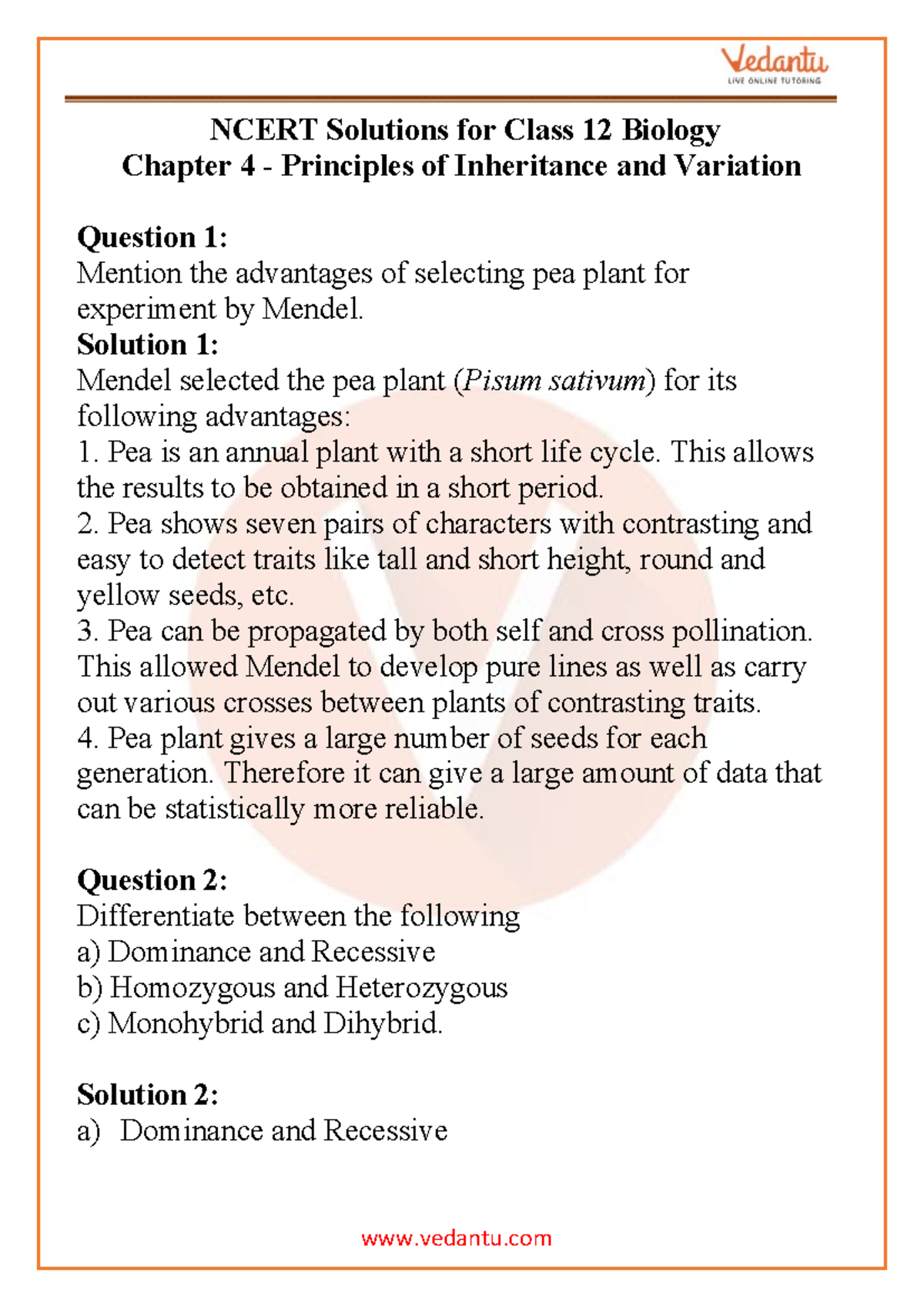 Ncert Solutions Class 12 Biology Principles of Inheritance and ...