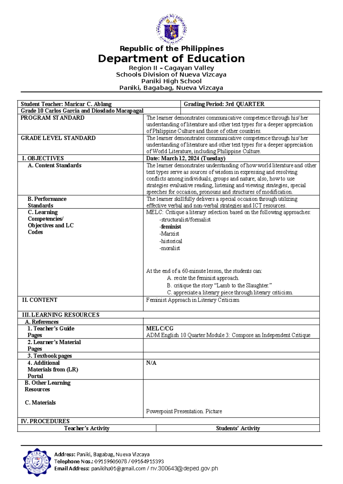 Detailed Lesson Plan on Feminist Approach - Department of Education ...