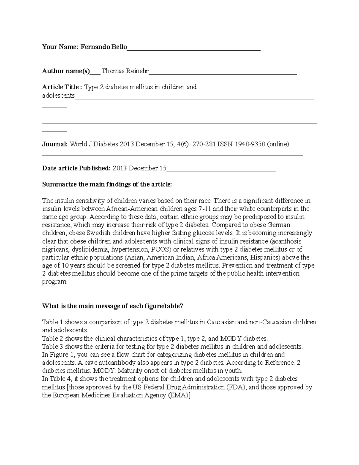 Journal Assignment Handout - Your Name: Fernando Bello