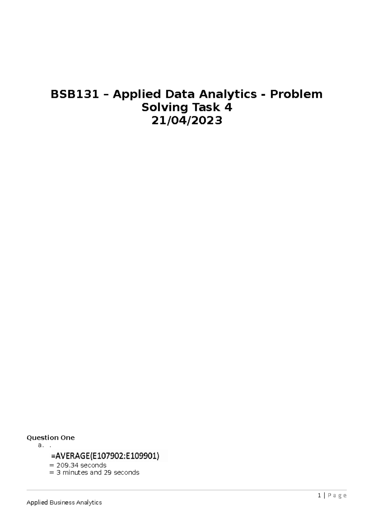 Problem Solving Task 4 - Task 4 - BSB131 – Applied Data Analytics - Problem Solving Task 4 21/04 ...