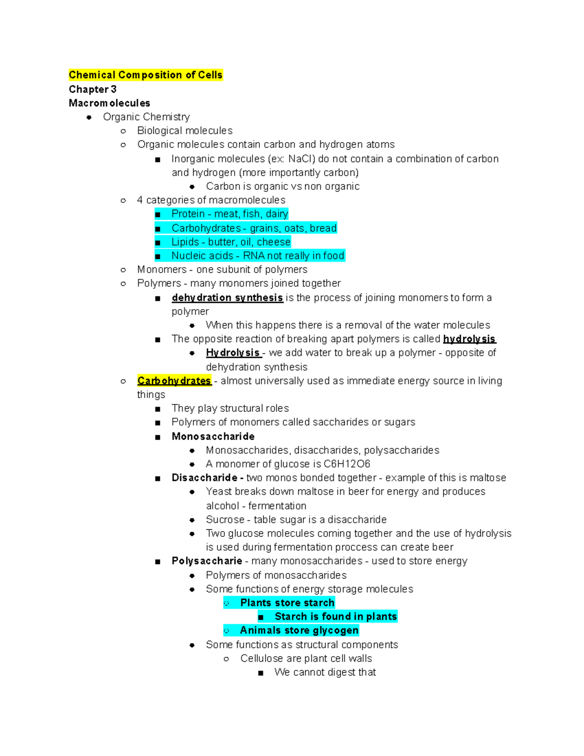 LAB 3 Notes on PowerPoint - Chemical Composition of Cells Chapter 3 ...