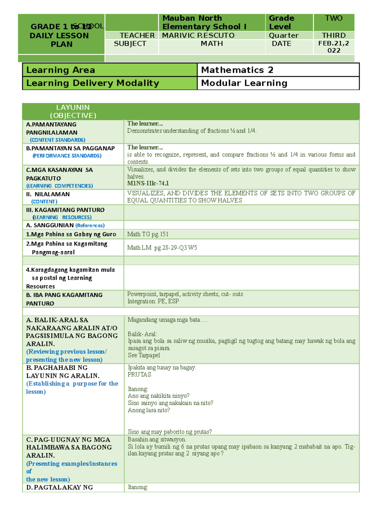 MATH 2 COT 3Q TITA - GRADE 1 to 12 DAILY LESSON PLAN SCHOOL Mauban ...