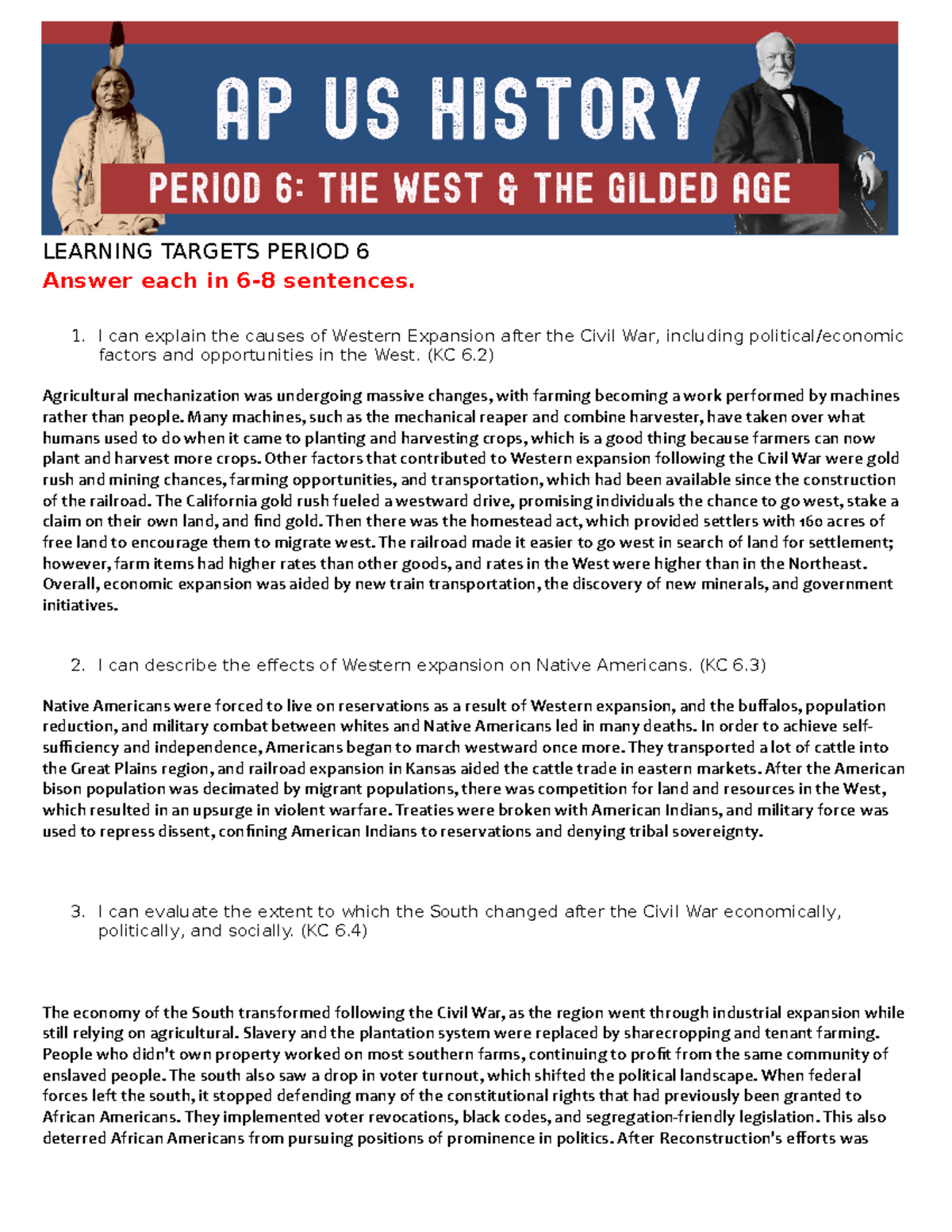 Period 6 Learning Targets and Timeline - LEARNING TARGETS PERIOD 6 ...