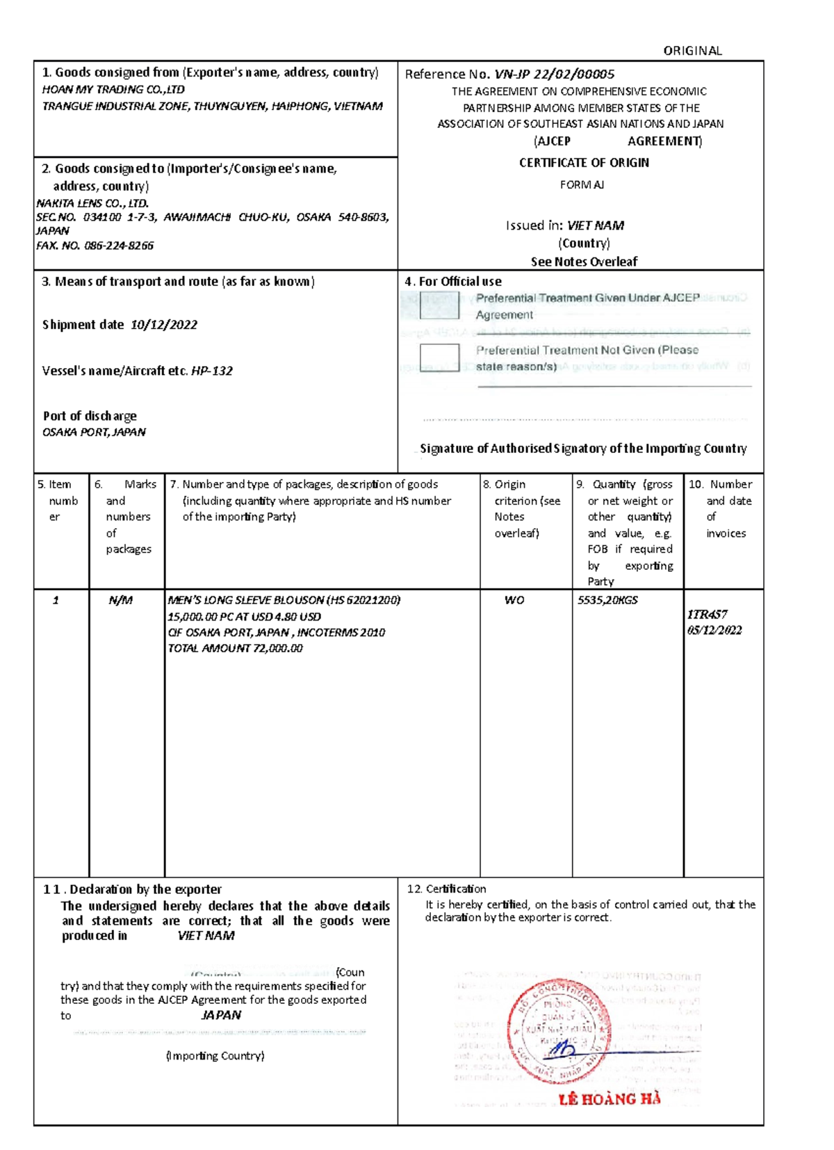 Form AJ - qwey - ORIGINAL 1. Goods consigned from (Exporter's name ...
