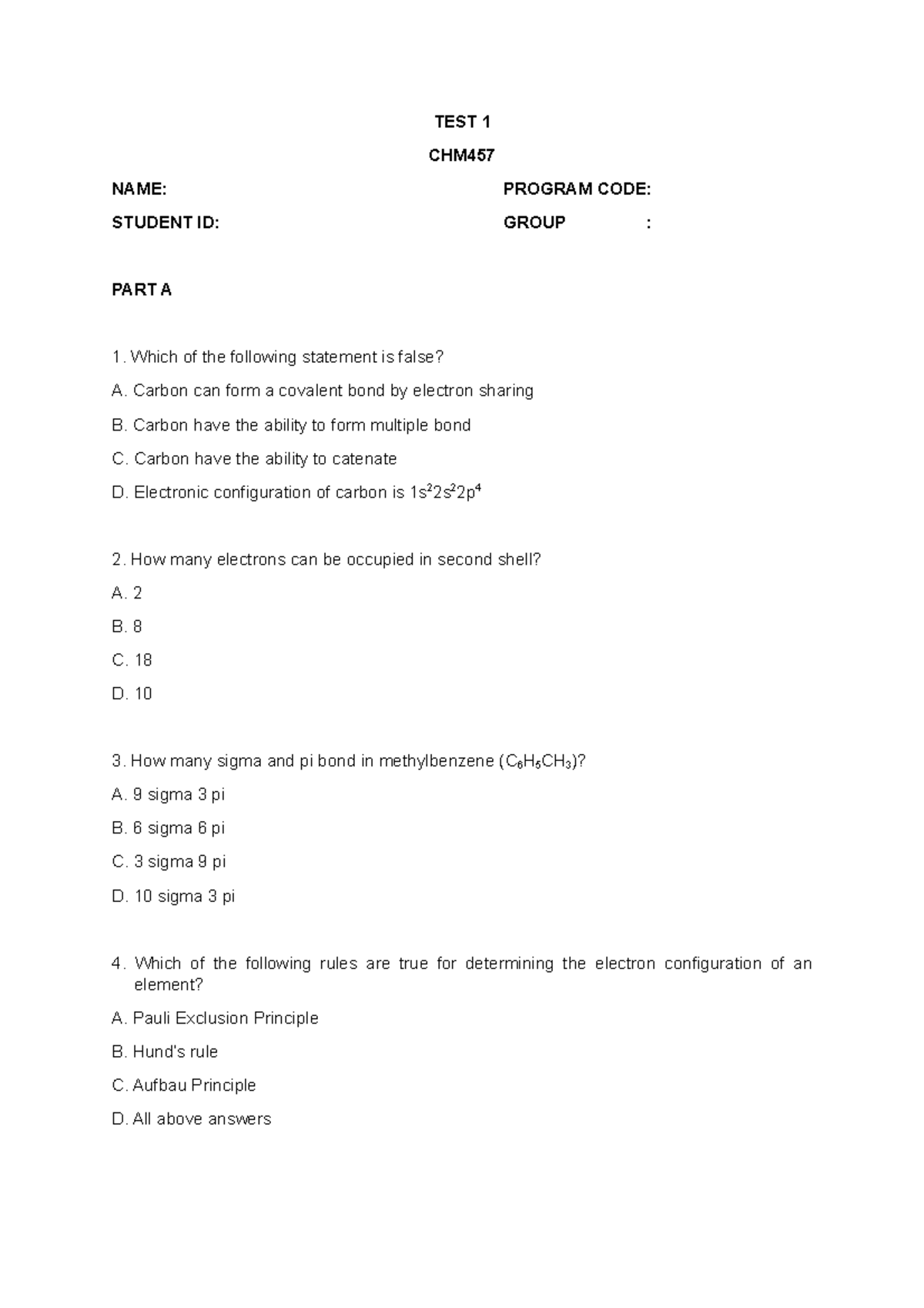 CHM457 TEST 1 - DO THE BESTTT - TEST 1 CHM NAME: PROGRAM CODE: STUDENT ...