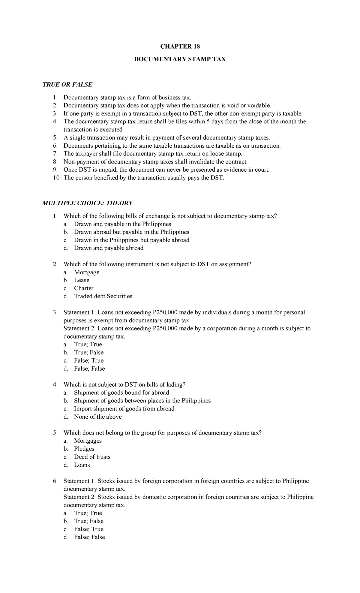 DST - dst - CHAPTER 18 DOCUMENTARY STAMP TAX TRUE OR FALSE Documentary ...