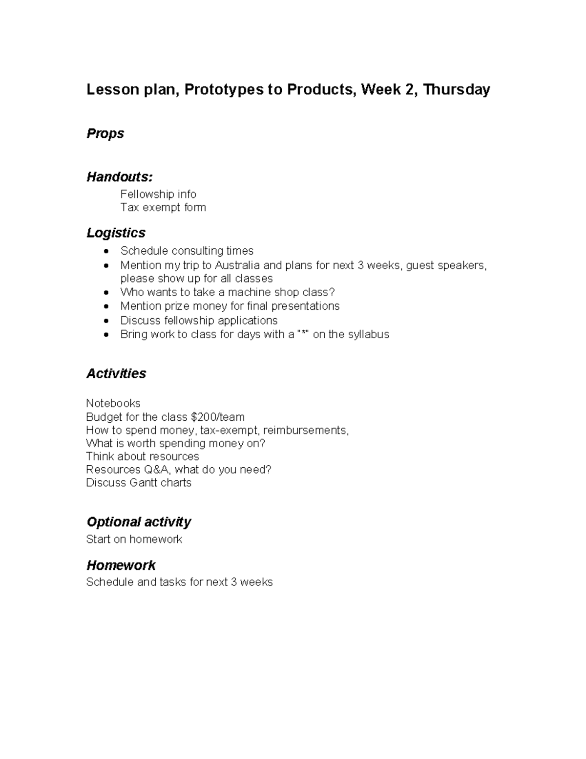 Prototypes To Products 3 - Lesson plan, Prototypes to Products, Week 2, Thursday Props Handouts ...