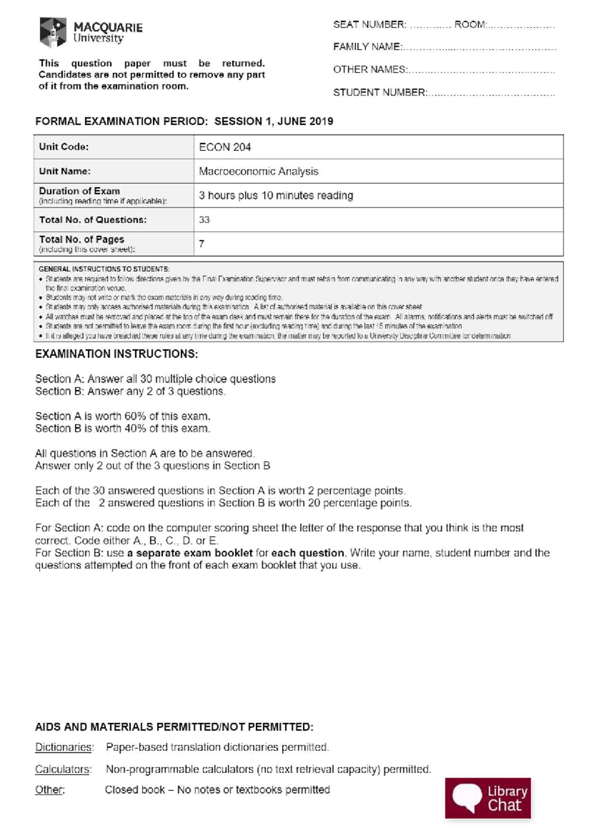 Session 1 2019 past exam paper - ECON204 - Studocu