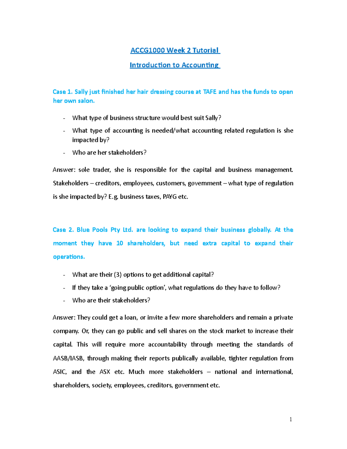 Week 2 - Introduction to Accounting - ACCG1000 Week 2 Tutorial Introduction to Accounting Case 1 ...