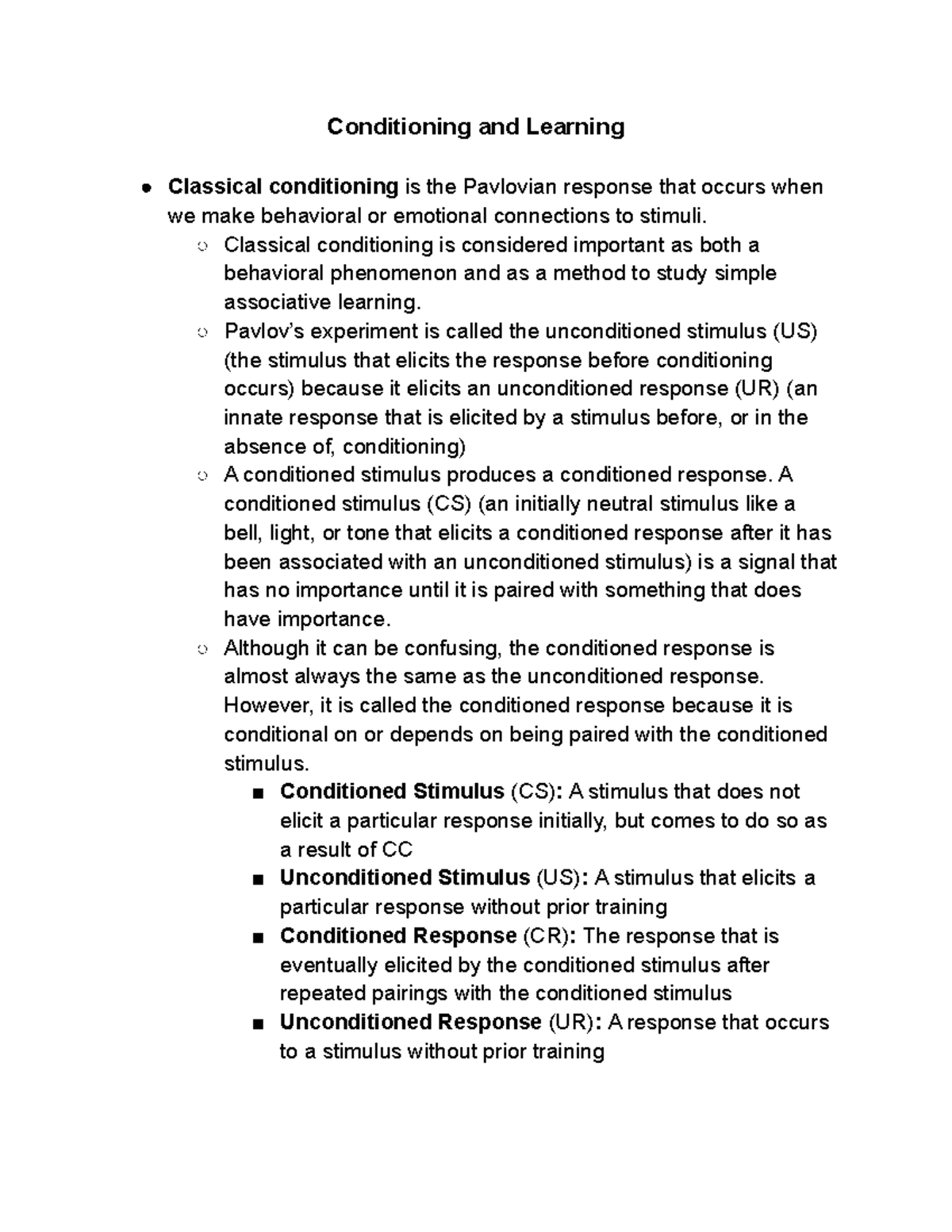 Conditioning and Learning Notes - Conditioning and Learning Classical ...