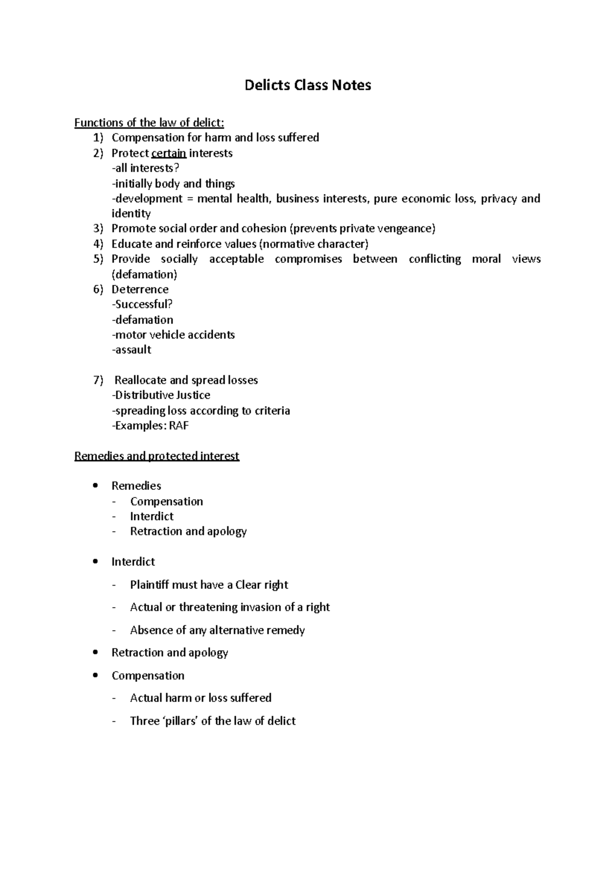 Delicts Class Notes - Delicts Class Notes Functions of the law of ...
