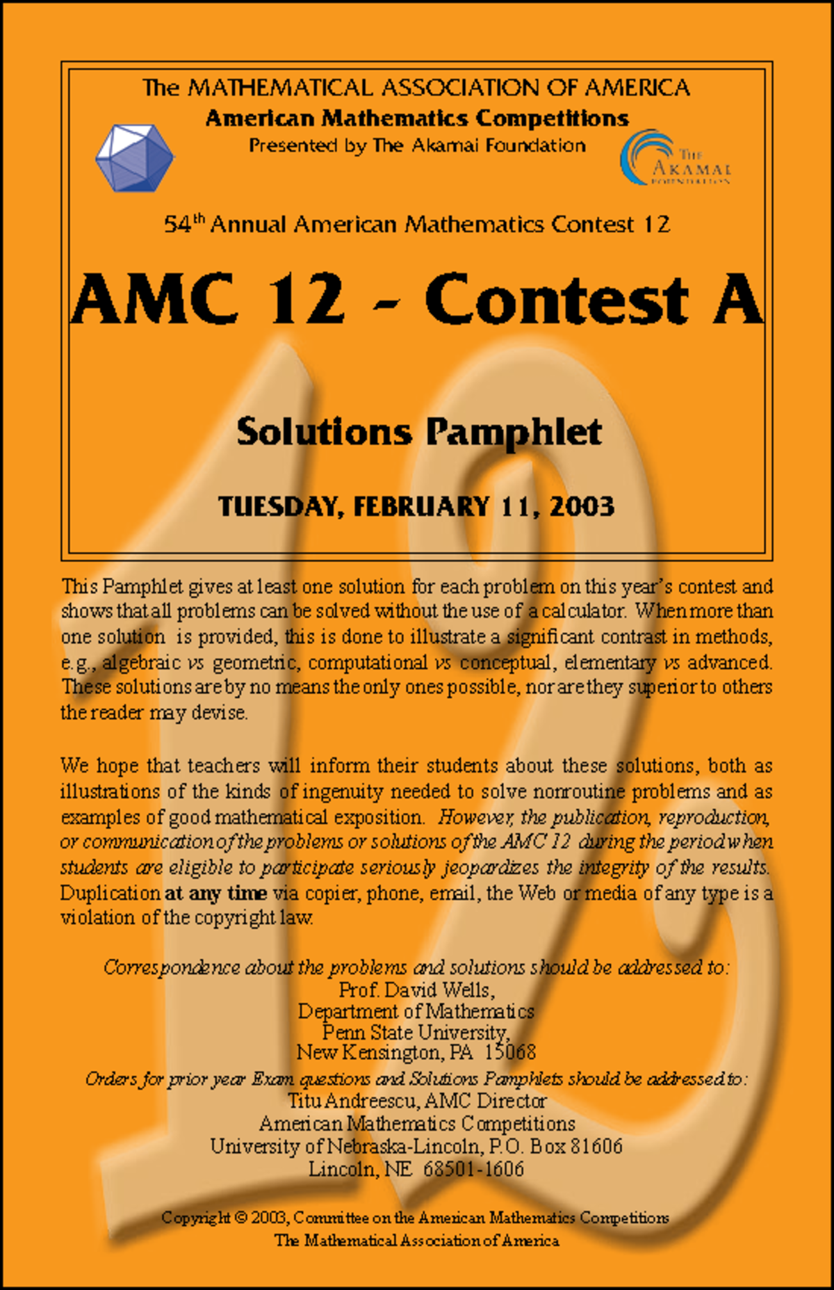 2003 AMC 12A Solutions - The MATHEMATICAL ASSOCIATION OF AMERICA ...