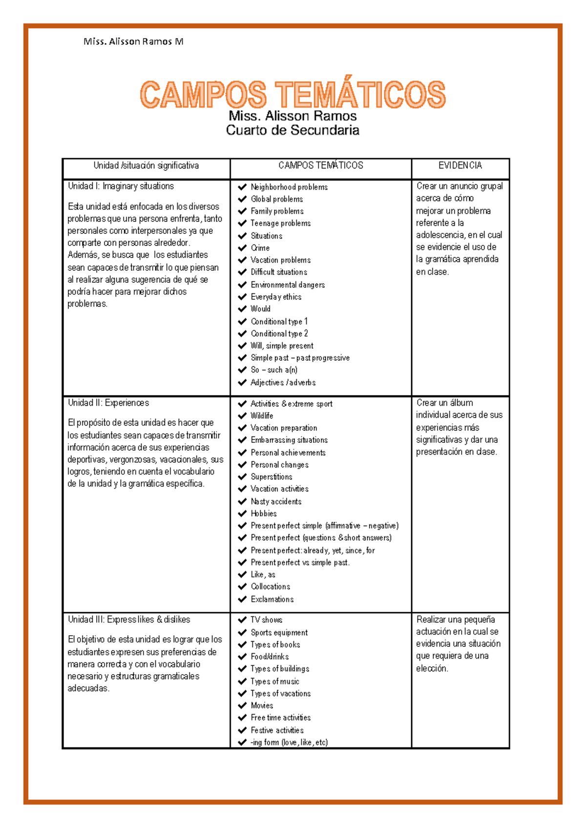 Campos Temáticos 4-HIGH School - Miss. Alisson Ramos M Unidad ...