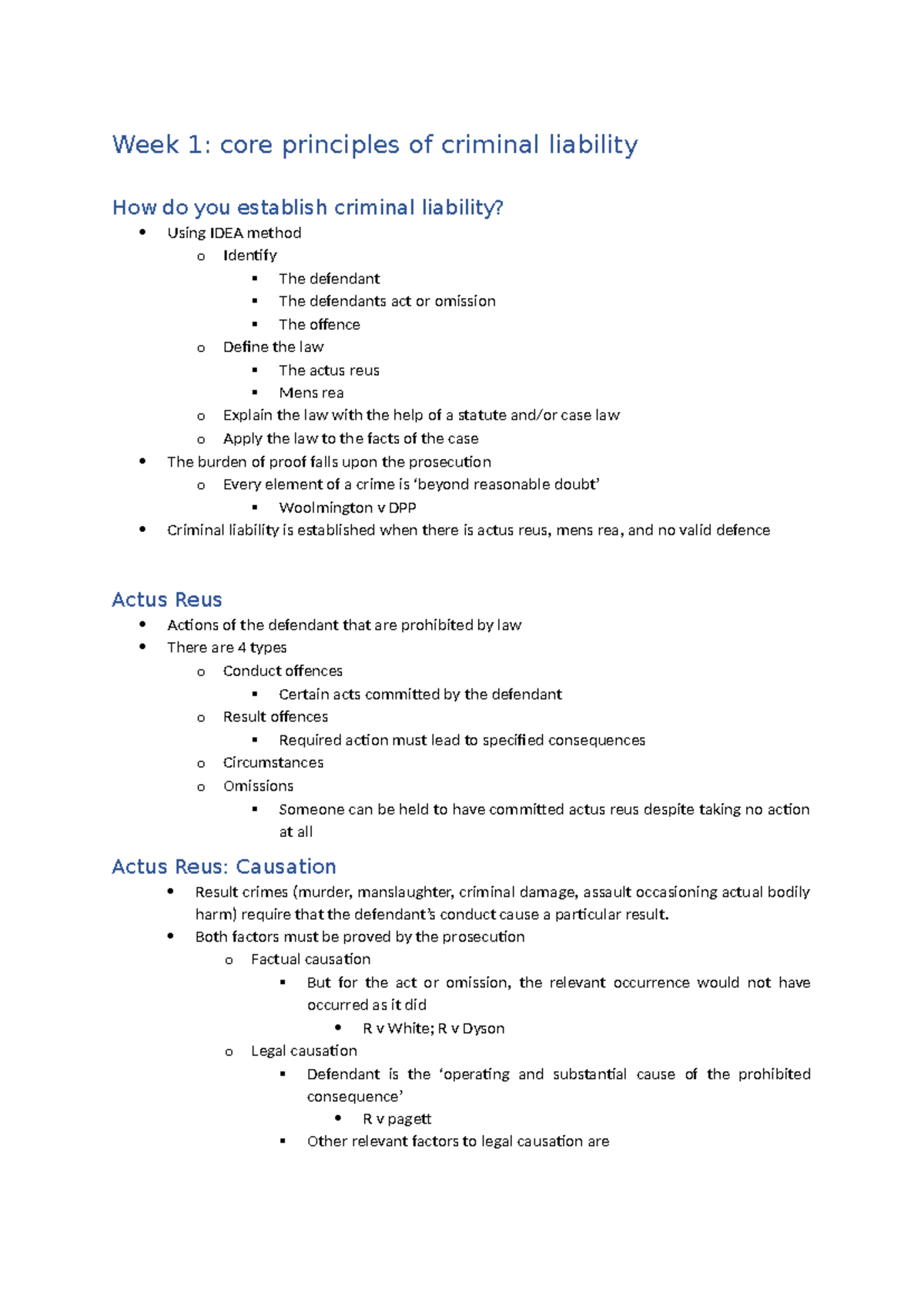 Revision docs - idk - Week 1: core principles of criminal liability How ...
