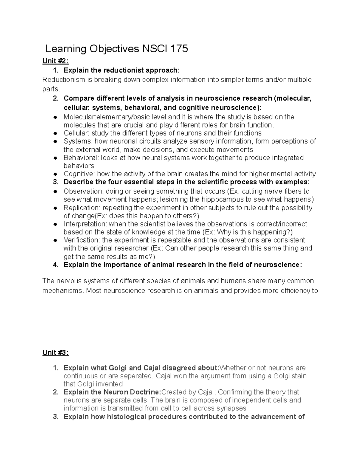 Learning Objectives NSCI 175 - Explain the reductionist approach ...