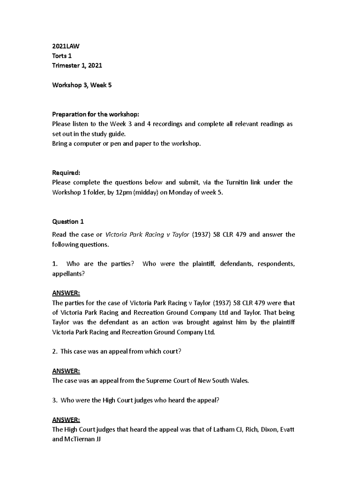 Week 5 Workshop 3 2021LAW 2021 - 2021LAW Torts 1 Trimester 1, 2021 Workshop 3, Week 5 ...