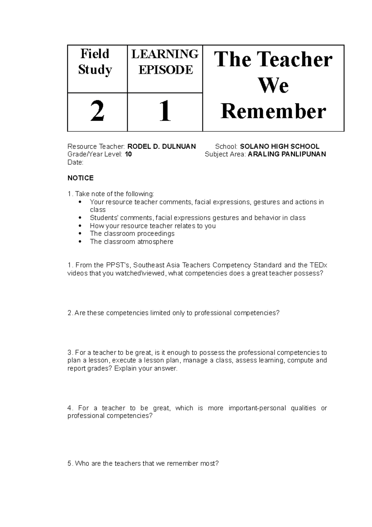 FS 2 Episode 1 AND 2 - fs encoded - Field Study LEARNING EPISODE The Teacher We 2 1 Remember ...